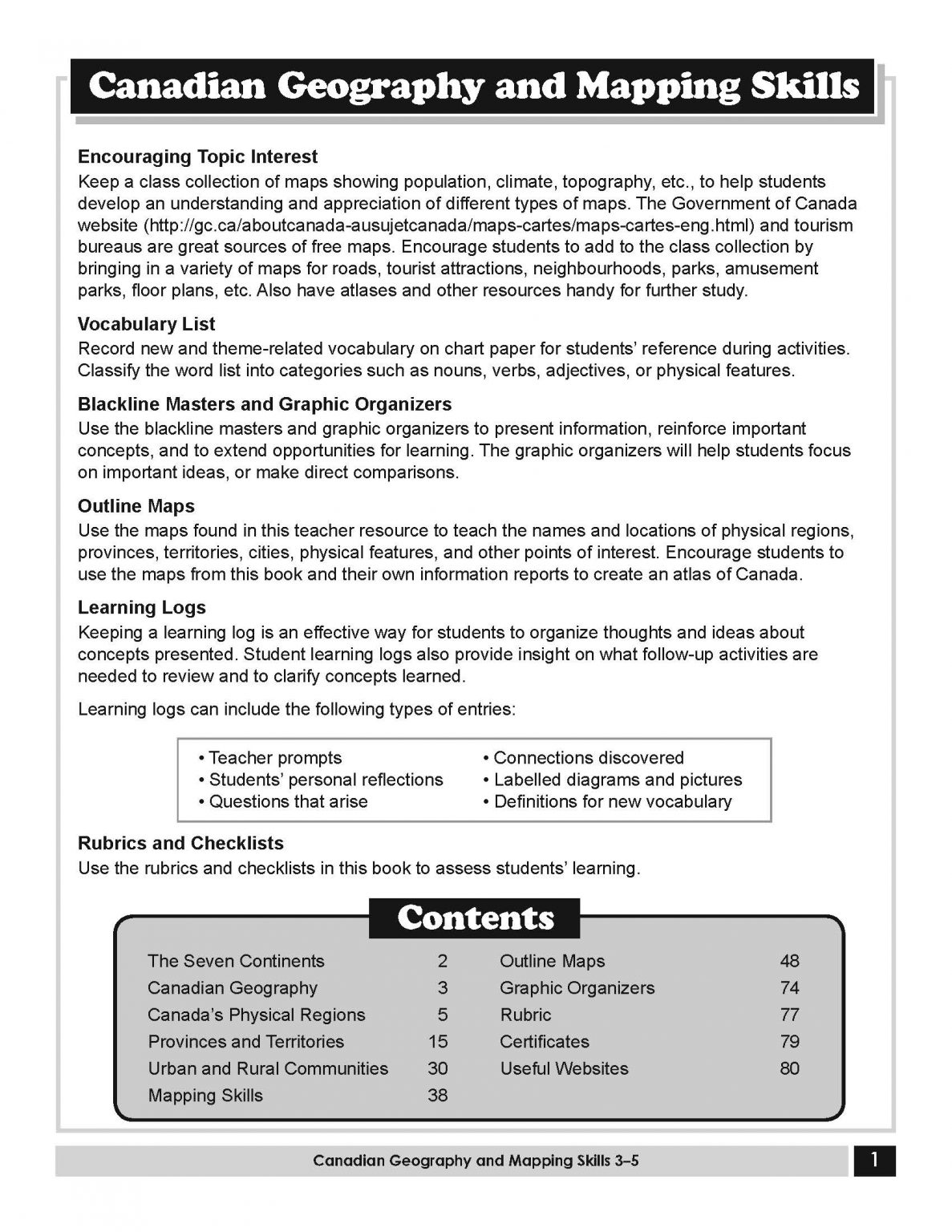 Canadian Geography and Mapping Skills Grades 3-5 Workbook