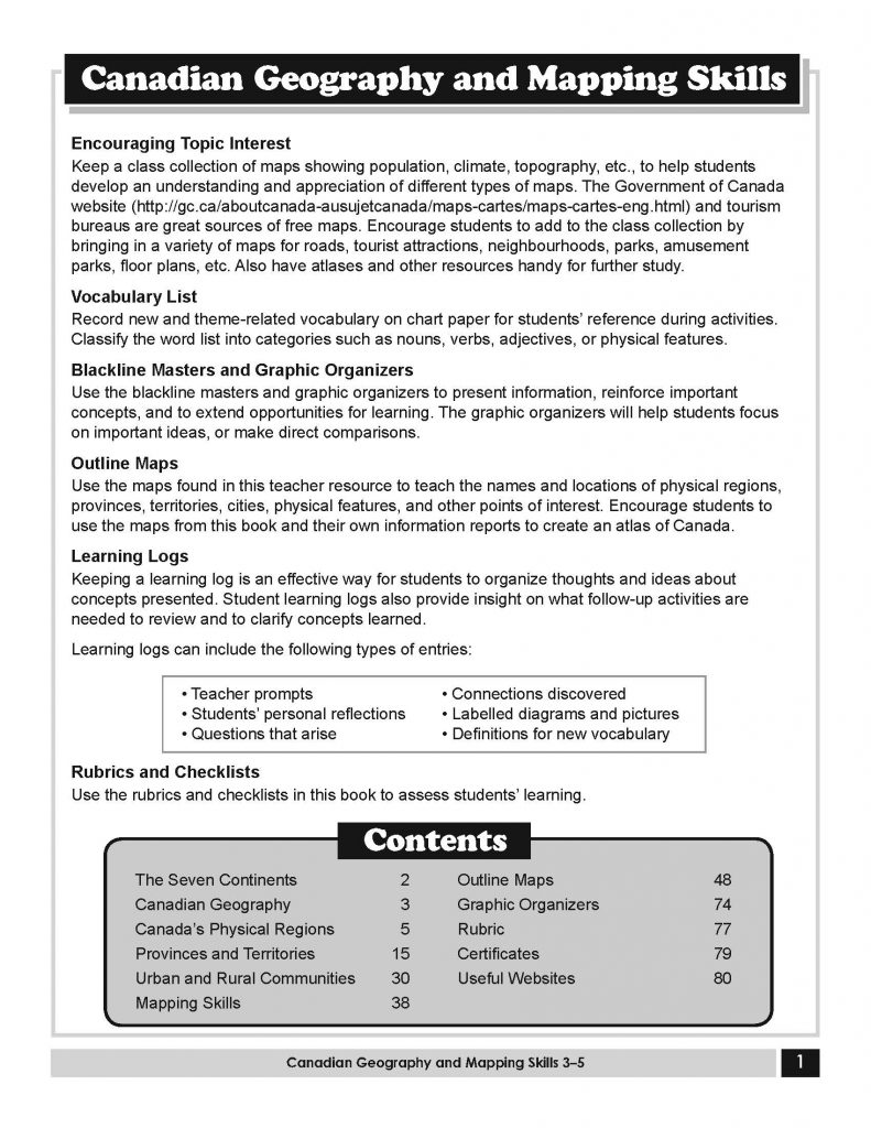 Canadian Geography and Mapping Skills Grades 3-5 Workbook